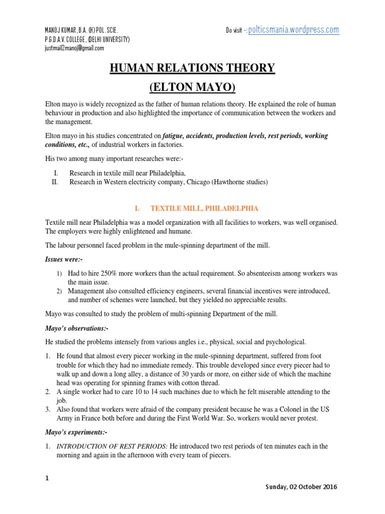 Human Relation Theory Elton Mayo | Download Free PDF | Cotton Mill ...