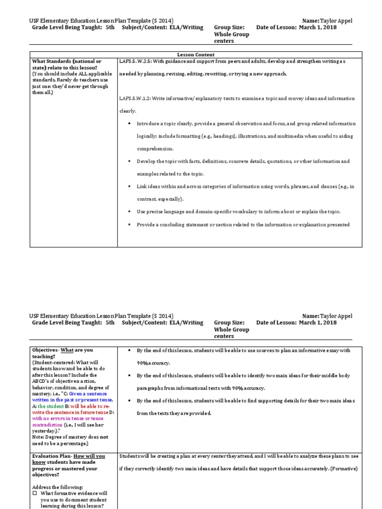 5th Grade ELA Writing Lesson Plan | PDF | Lesson Plan | Change