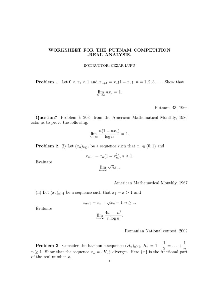 Putnam Competition Real Analysis Problems | PDF | Derivative ...