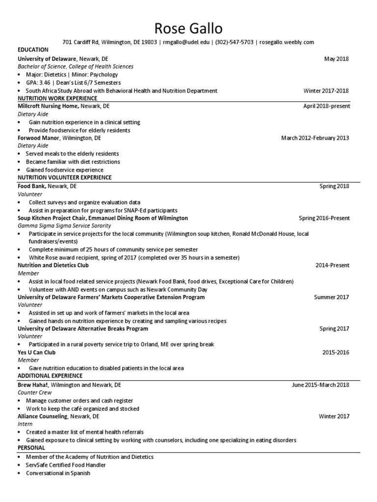 Rose Gallo Resume | PDF | Dietitian | Health Care