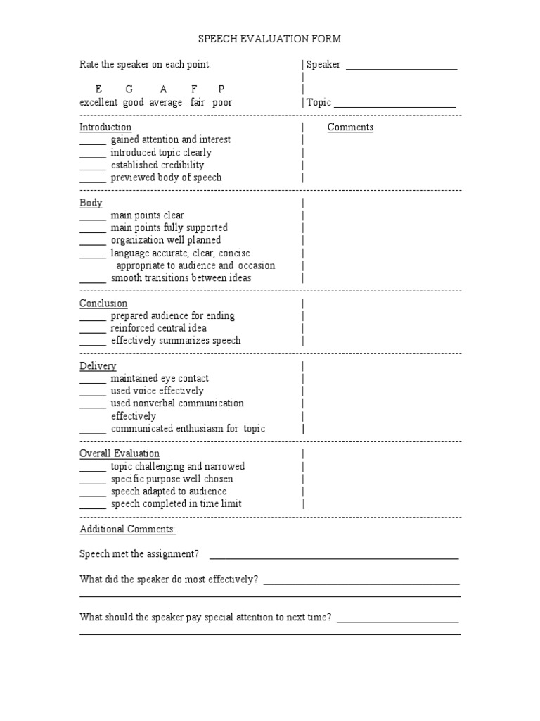 Speech Evaluation Form Template | PDF | Action (Philosophy) | Communication