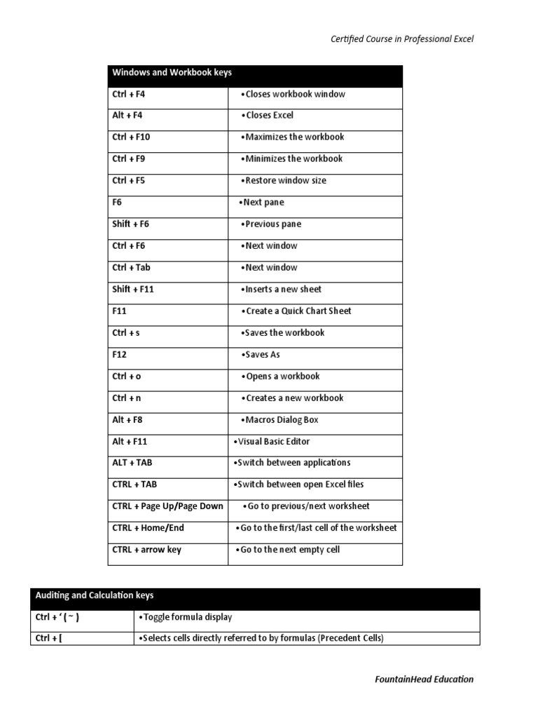 Windows and Workbook Keys: Certified Course in Professional Excel | PDF | Microsoft Excel ...