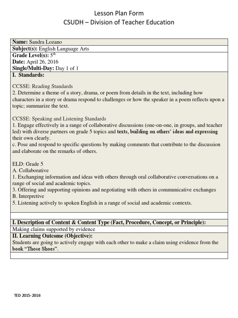 Ted 435 Ela Lesson Plan - 5th Grade | PDF | Lesson Plan | Teaching