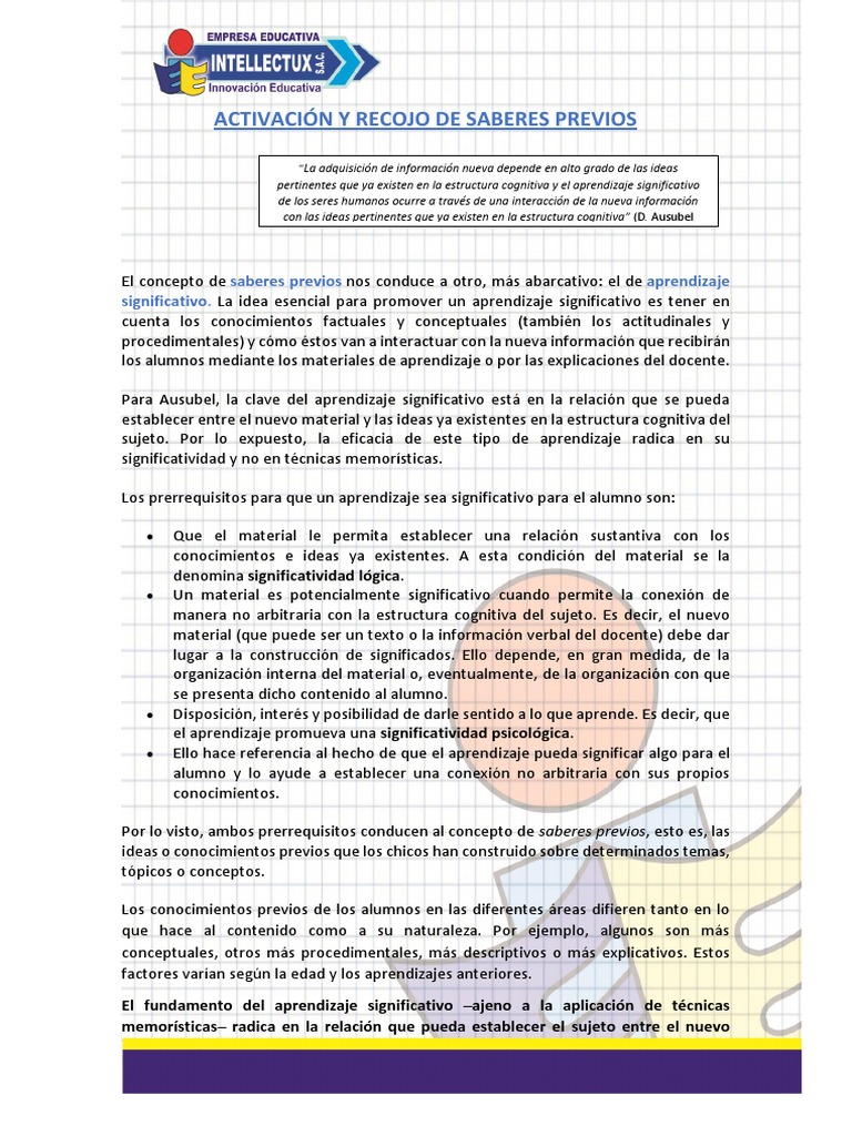 Saberes Previos y Aprendizaje Significativo | PDF | Maestros | Conocimiento