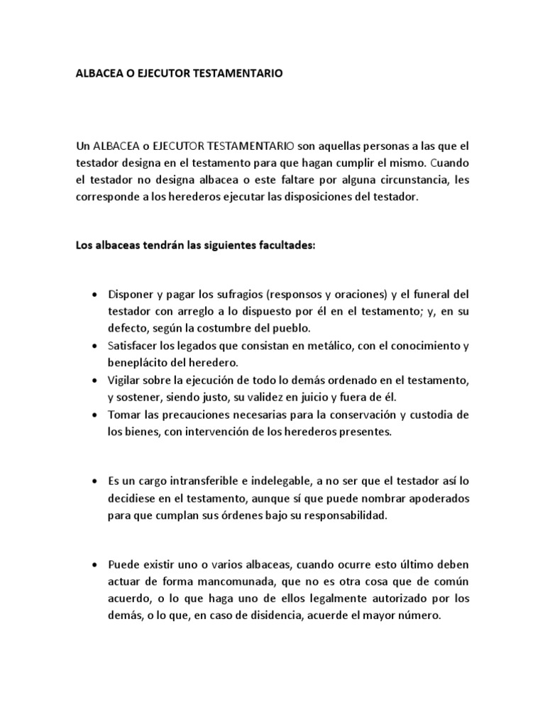 Albacea o Ejecutor Testamentario | PDF | Voluntad y testamento | Herencia