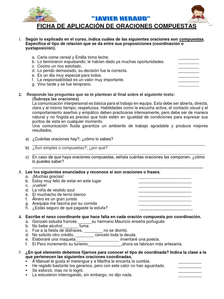Ficha De Oraciones Simples Y Compuestas 100 Ejemplos De Oraciones