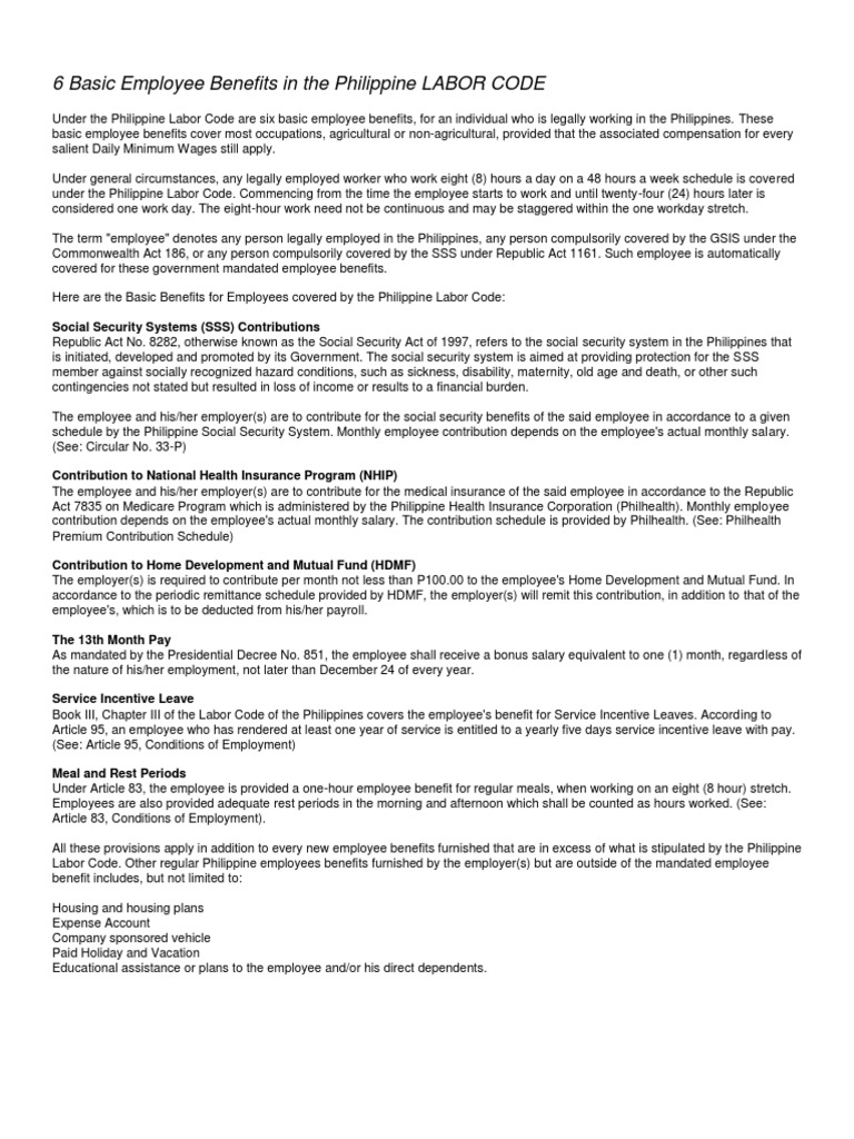 6 Basic Employee Benefits in The Philippine LABOR CODE | PDF | Employee Benefits | Employment