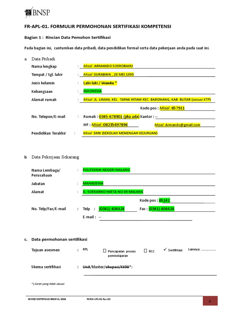 Contoh Pengisian Form 01. FR-APL 01 TUK DIS TL | PDF