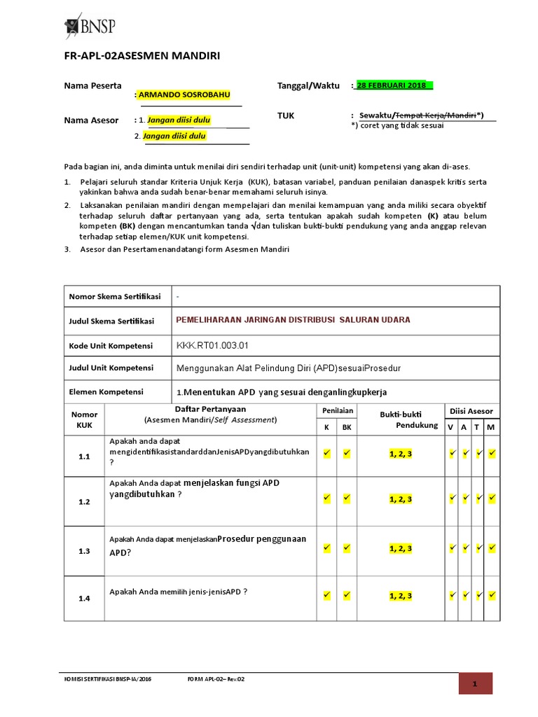 Contoh Pengisian Form 01. FR-APL 02 TUK DIS TL | PDF