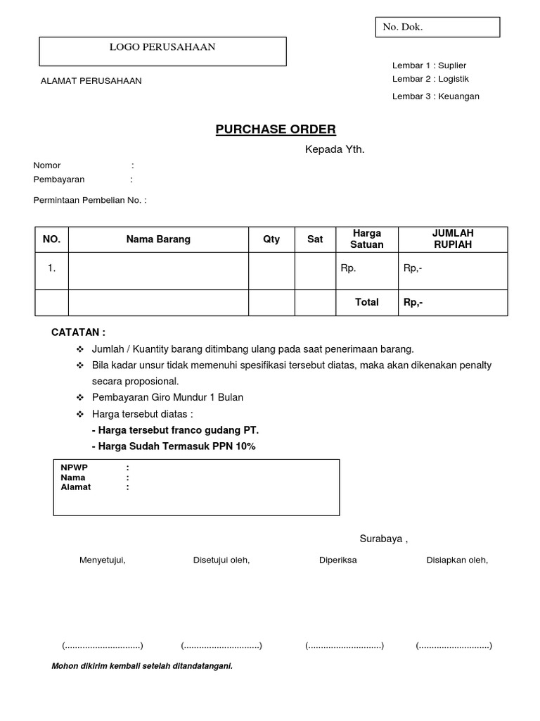 Contoh Format Purchase Order Sederhana | PDF