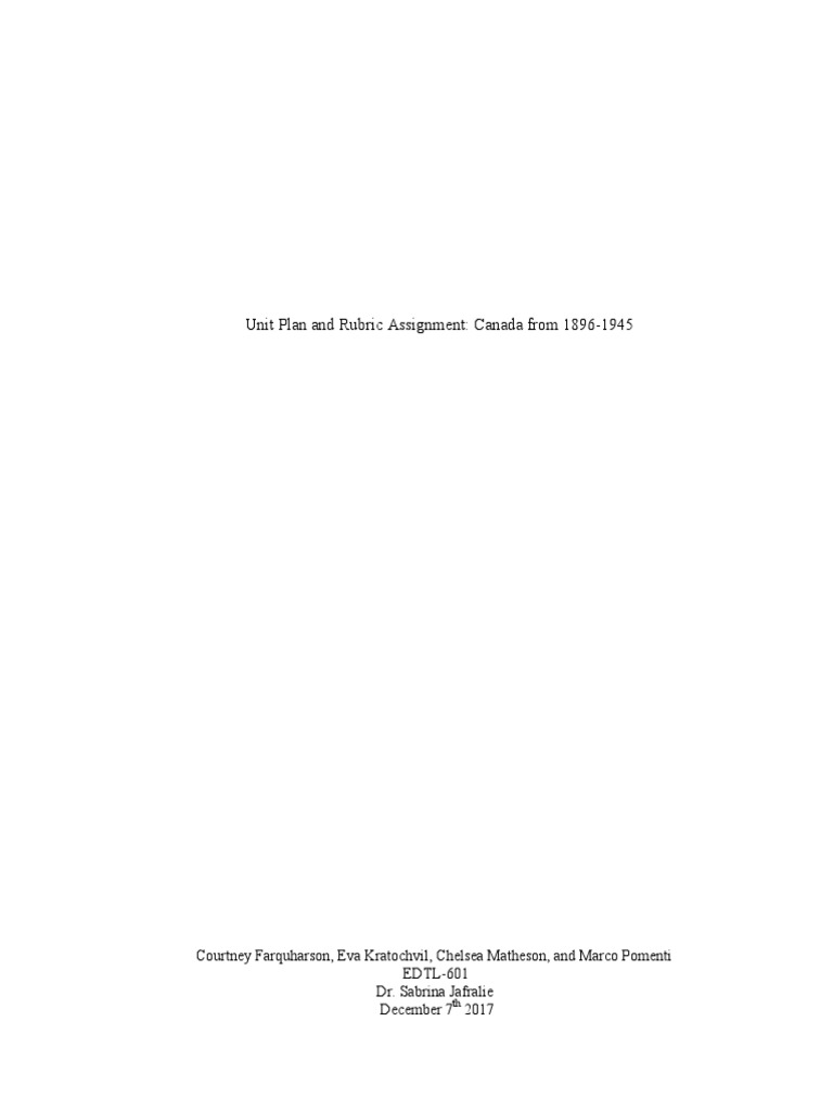 Canada 1896-1945 Unit Plan & Rubric | PDF | Lecture | Educational ...