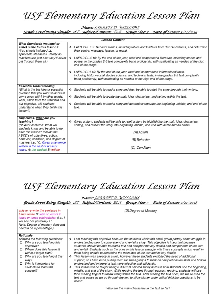 1st Grade ELA Lesson Plan: Story Retelling | PDF | Reading ...