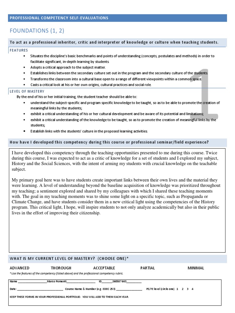 Professional Competency Self-Evaluations | PDF | Educational Technology ...