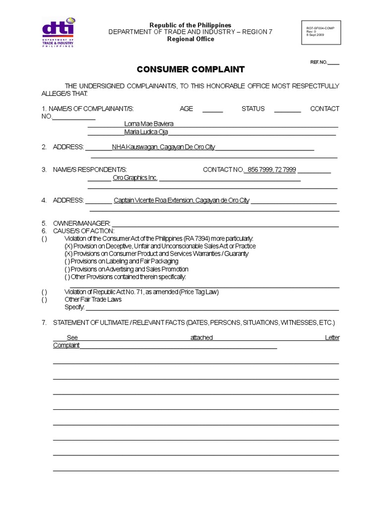 DTI Consumer Complaint | PDF | Common Law | Social Institutions