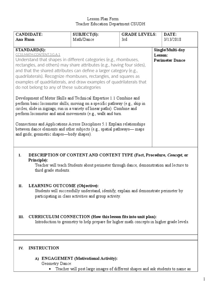 Dance Math Lesson Perimter | Download Free PDF | Shape | Teachers
