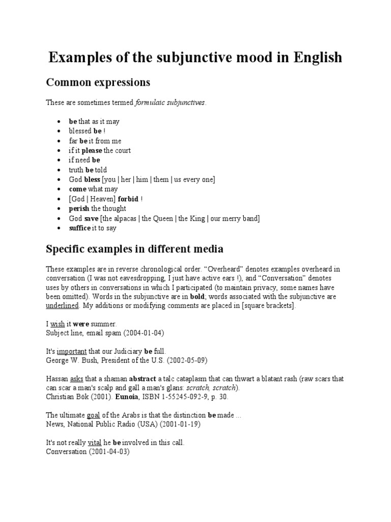 Examples of The Subjunctive Mood in English: Common Expressions | PDF ...