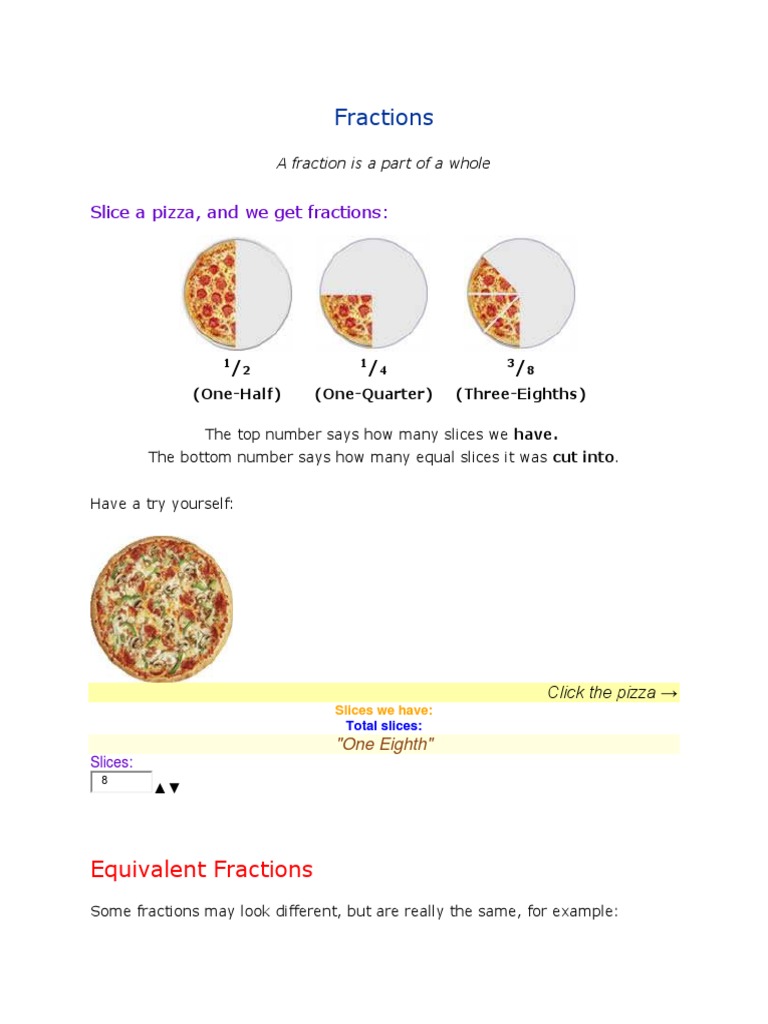 Fractions: Slice A Pizza, and We Get Fractions | PDF | Fraction ...