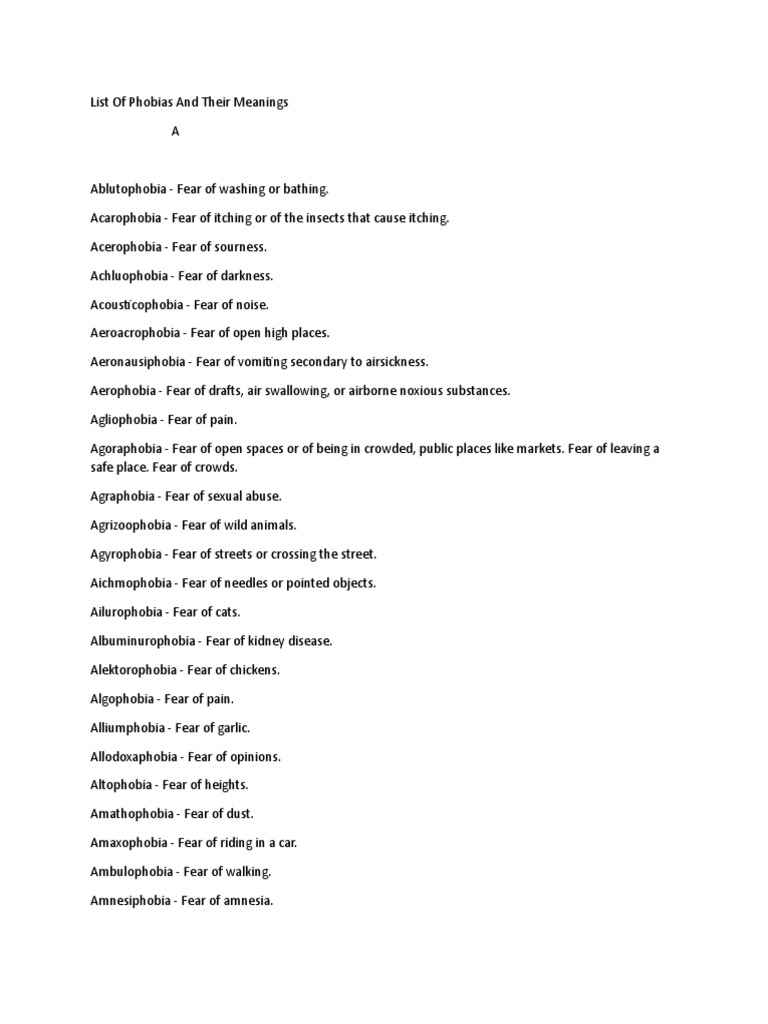 List Of Phobias And Their Meanings Explained | PDF | Fear | Phobia