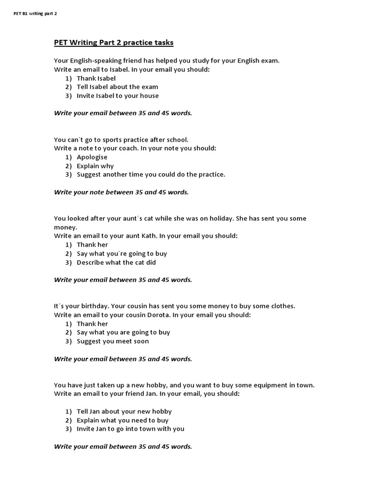 PET Writing Part 2 Practice Tasks | PDF