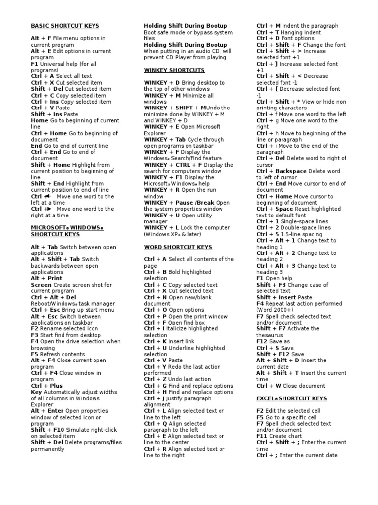 Basic Shortcut Keys | PDF | Keyboard Shortcut | Microsoft Windows