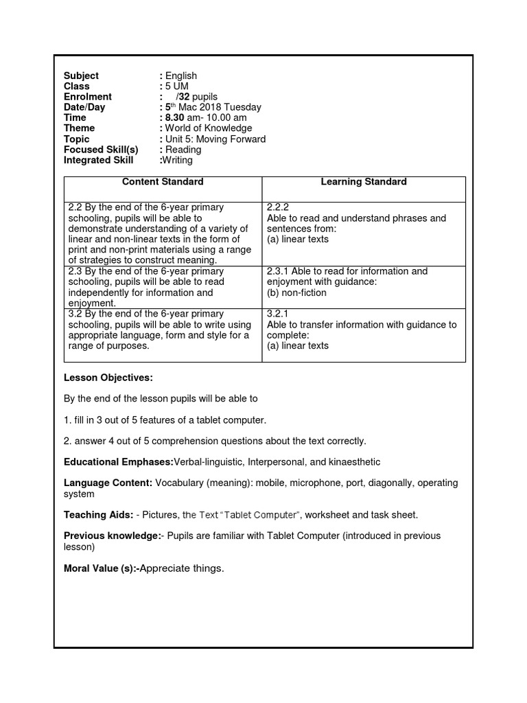 Lesson Plan Year 5 Reading Moving Forward PDF Reading Comprehension