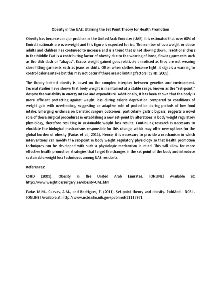 Obesity in The UAE: Utilizing The Set Point Theory For Health Promotion ...