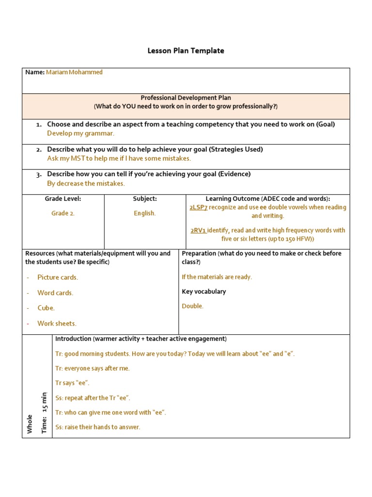 Lesson Plan Template: 1. Choose and Describe An Aspect From A Teaching ...