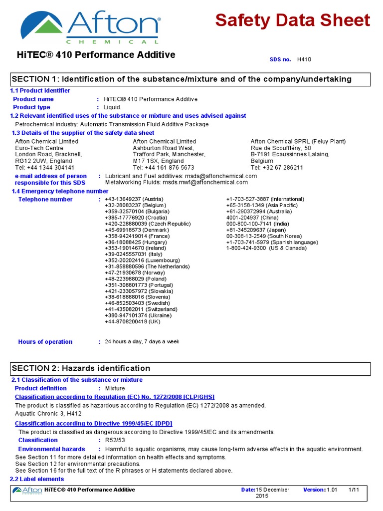 Hitec 410 MSDS en Katoen | Toxicity | Personal Protective Equipment
