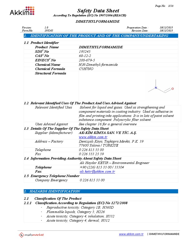Dimethylformamide Msds Akkim | PDF | Toxicity | Waste Management