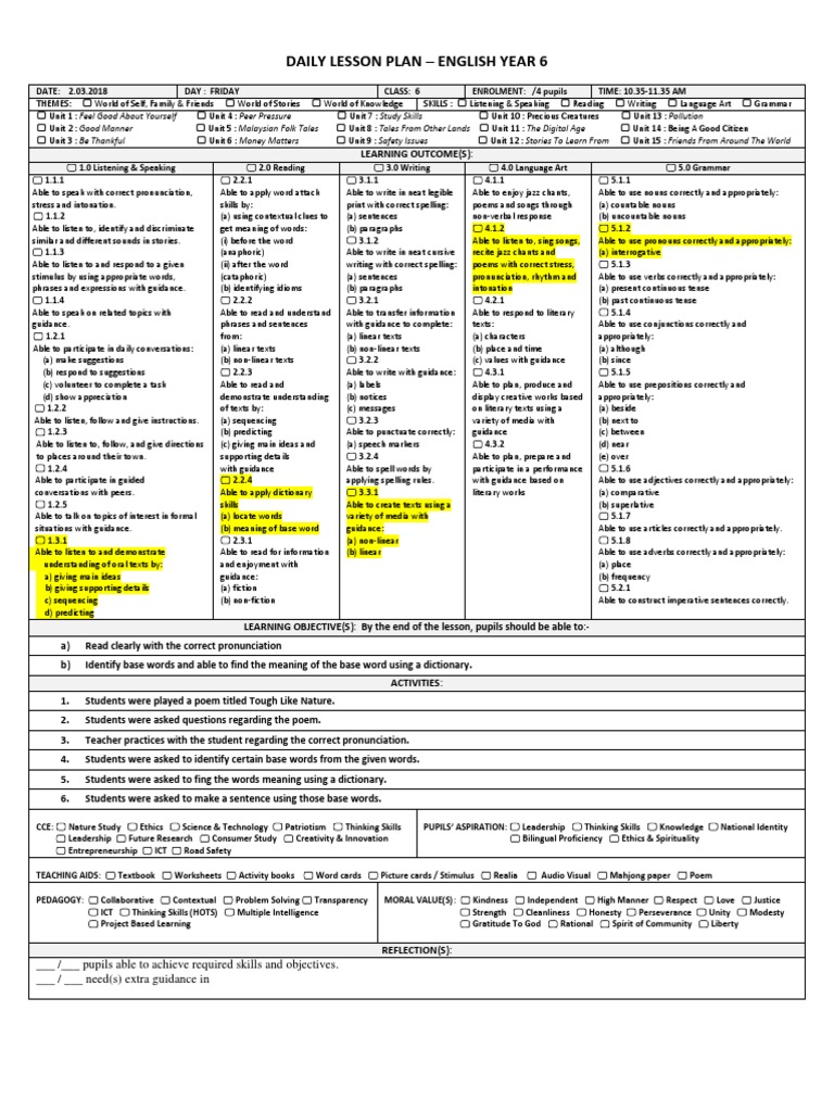 Daily Lesson Plan - English Year 6 | PDF | Word | Phrase