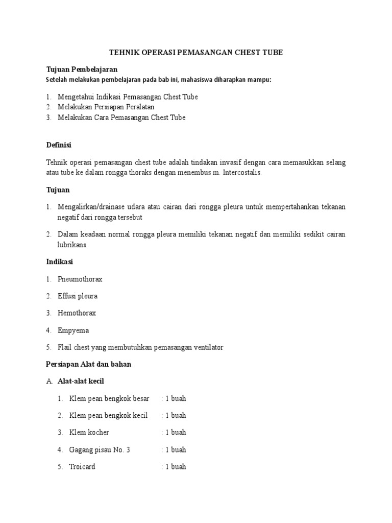 Tehnik Operasi Pemasangan Chest Tube Tujuan Pembelajaran | PDF | Kajian ...