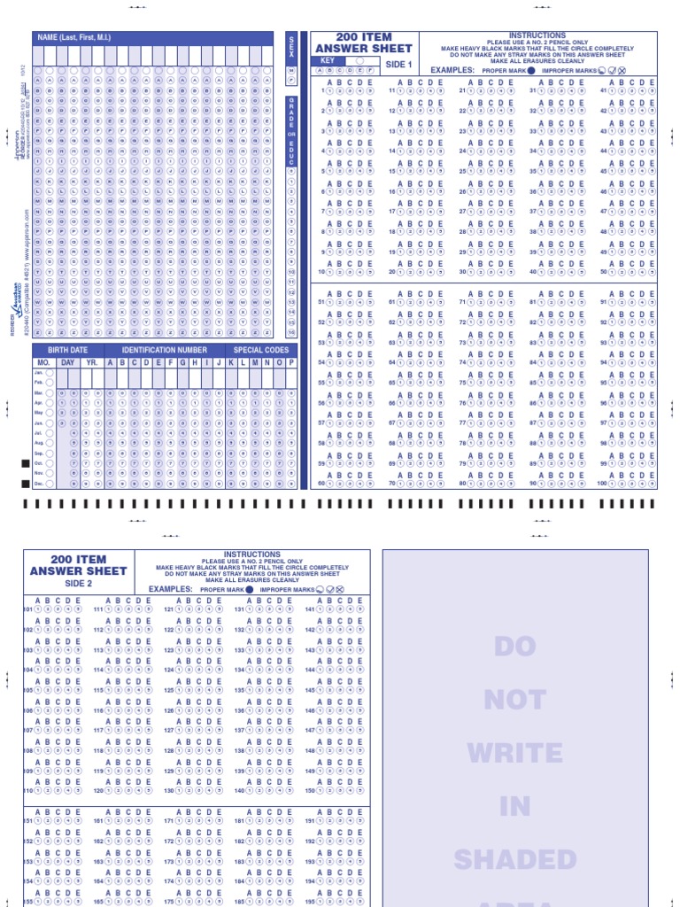 Multiple Choice Answer Sheet 1 200
