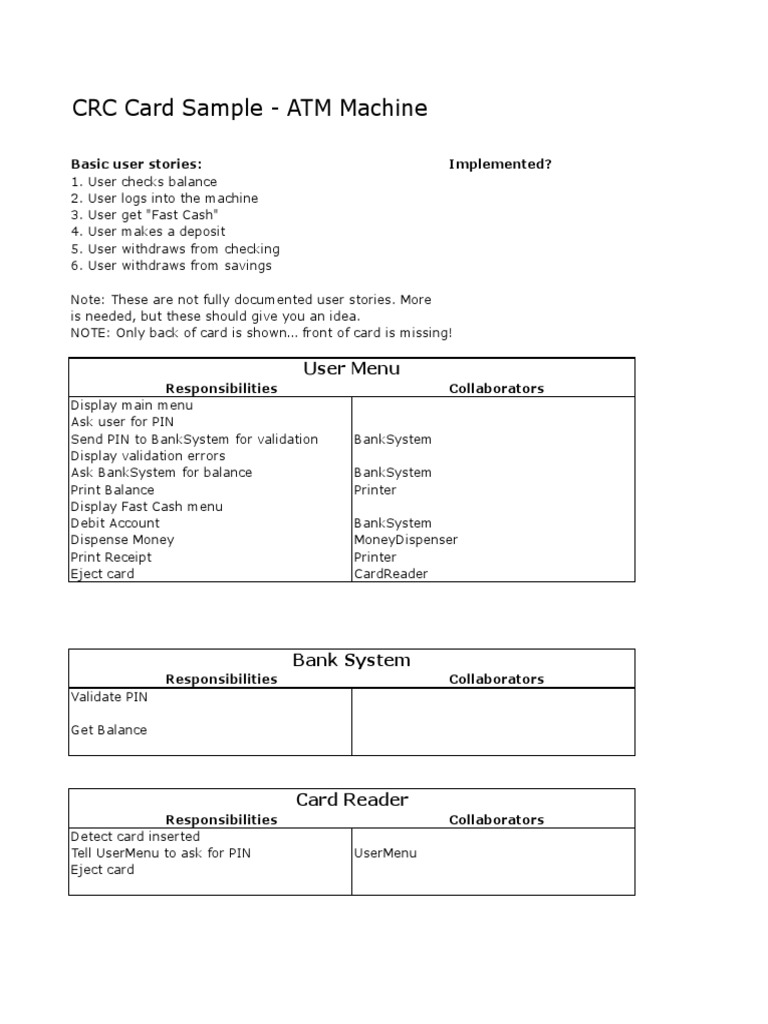 CRC Card Sample - ATM Machine: User Menu | PDF