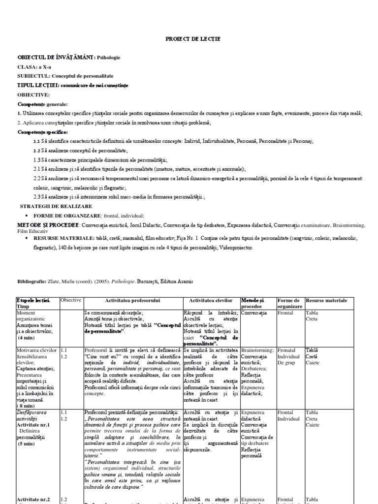 Plan de Lectie Psihologie | PDF