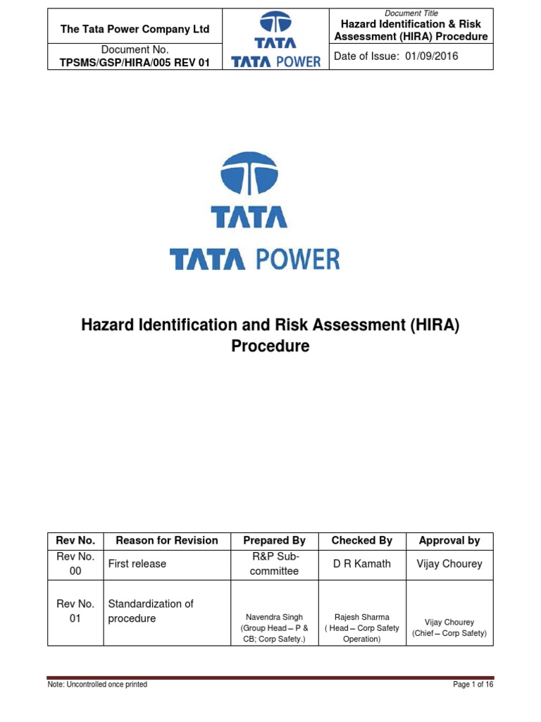 Hazard Identification & Risk Assessment (HIRA) - Procedure | PDF | Risk ...