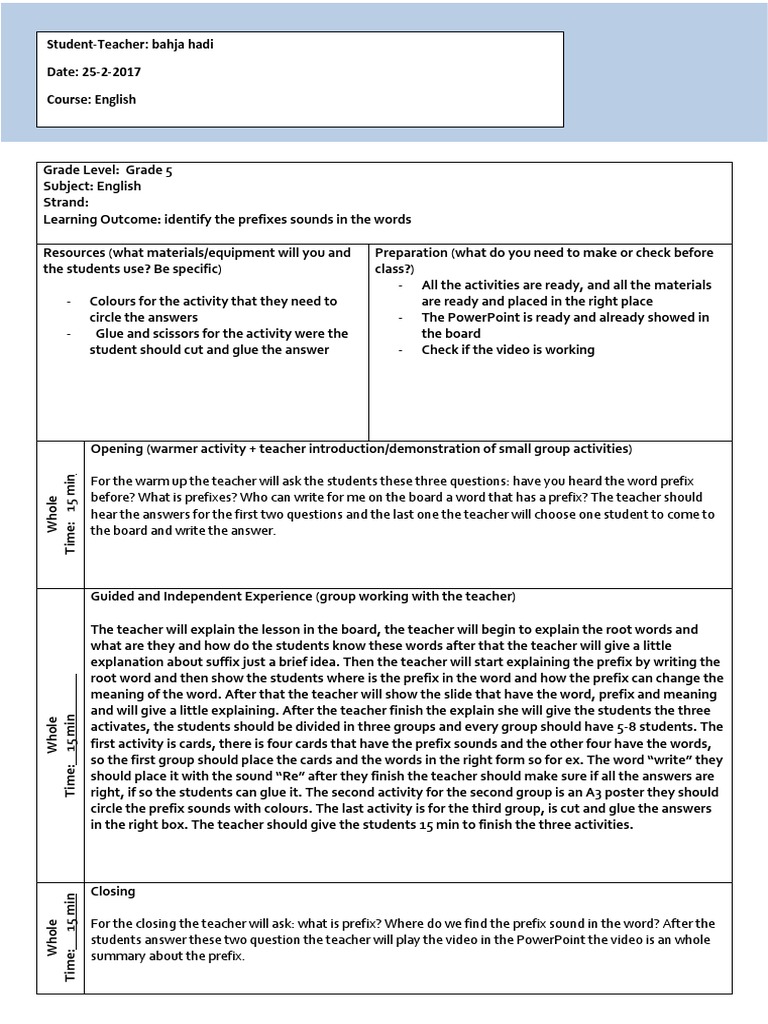 Lesson Plan Prefix | PDF | Lesson Plan | Education Theory