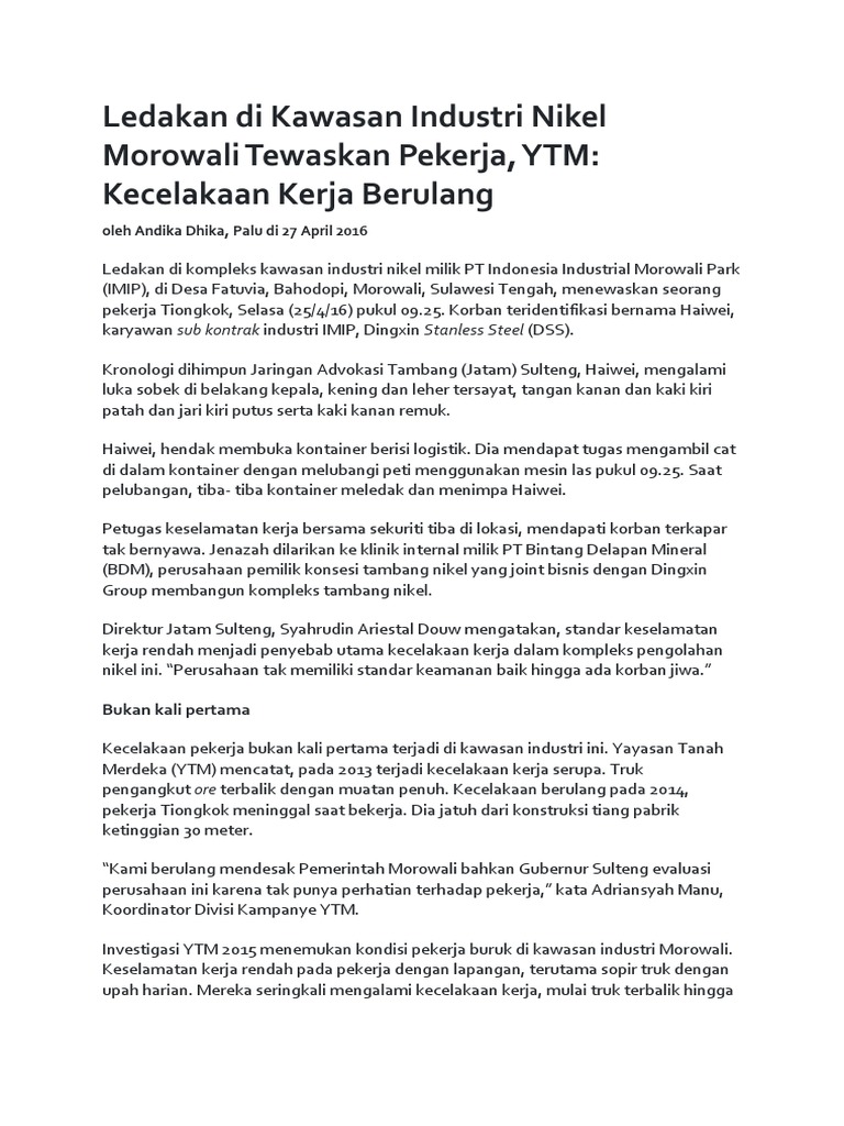Ledakan Di Kawasan Industri Nikel Morowali Tewaskan Pekerja | PDF
