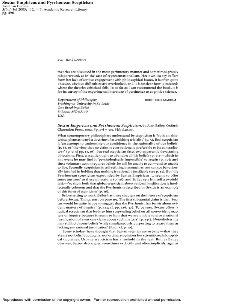 Bailley - Sextus Empiricus and Pyrrhonean Scepticism (Rev) | PDF