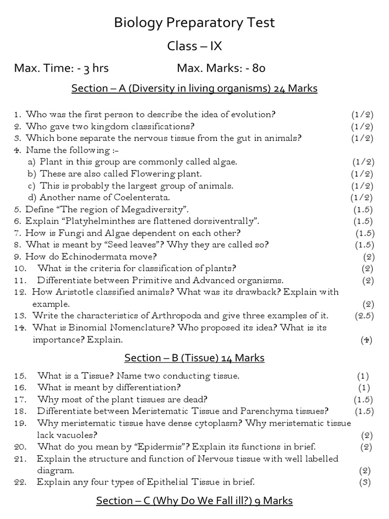 Biology Preparatory Test: Class - IX | PDF | Manure | Tissue (Biology)