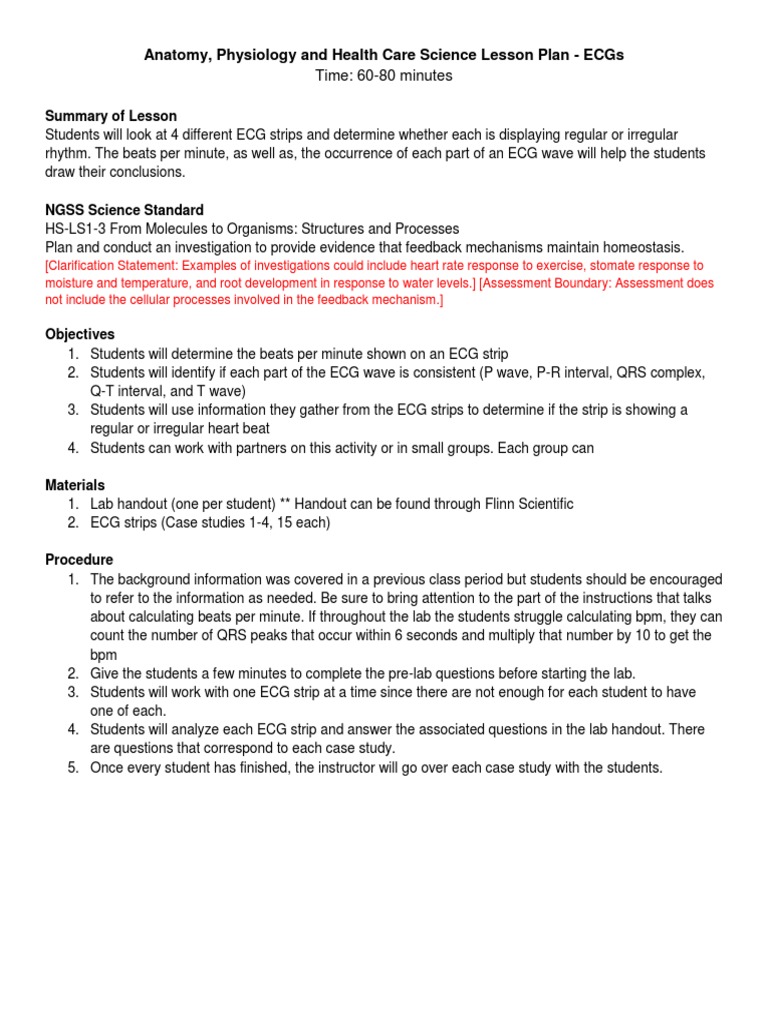 Anatomy Physiology and Health Care Science Sample Lesson Plan - Ecgs | PDF