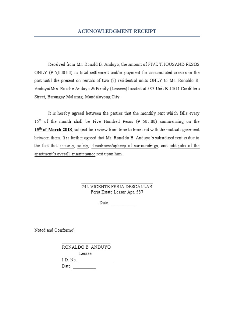 Settlement Payment of Ronald Anduyo Acknowledgment Receipt1 | PDF