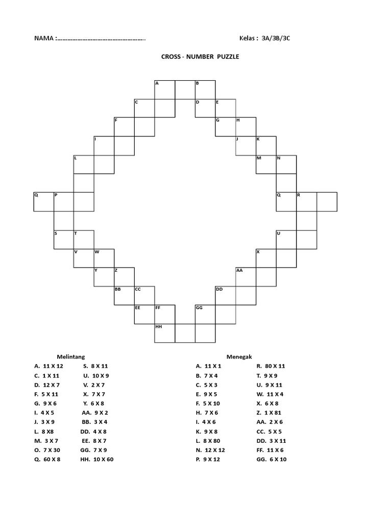 NAMA: .. Kelas: 3A/3B/3C: Cross - Number Puzzle | PDF
