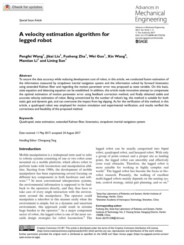 Velocity Estimation For Legged Robots Pdf Inertial Navigation