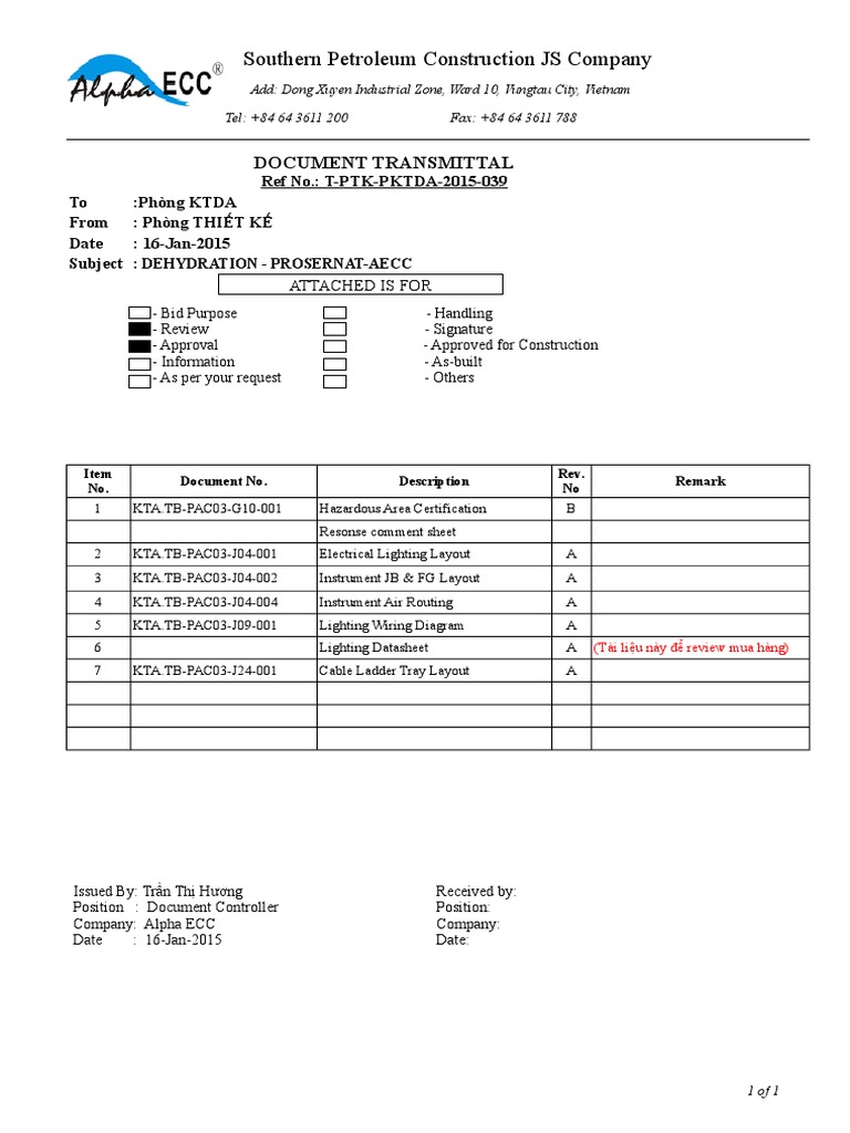 Dehydration Project Document Transmittal | PDF