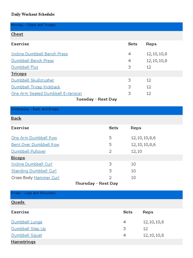 Daily Workout Schedule:: Chest Exercise Sets Reps | PDF