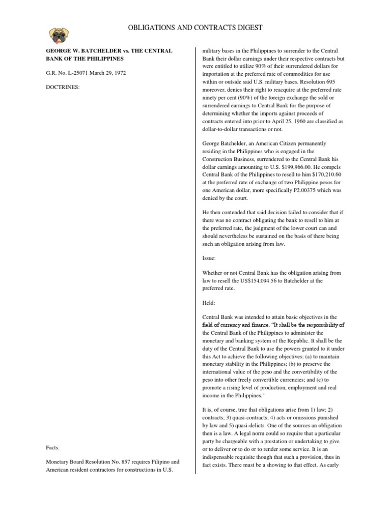 Obligations and Contracts Digest: George W. Batchelder vs. The Central ...