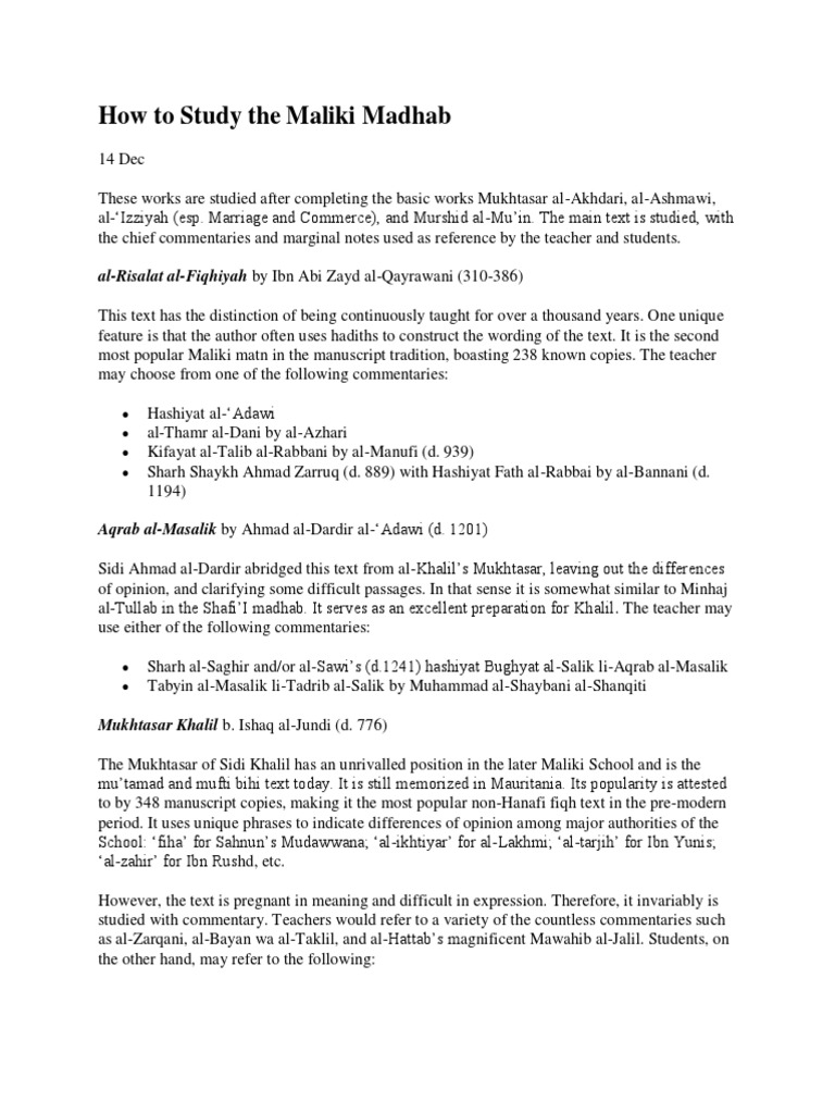 Studying the Maliki Madhab Essentials | PDF | Hadith | Islamic Branches