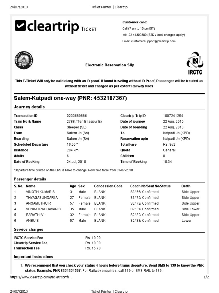 Ticket Printer - Cleartrip | PDF | Identity Document | Ticket (Admission)