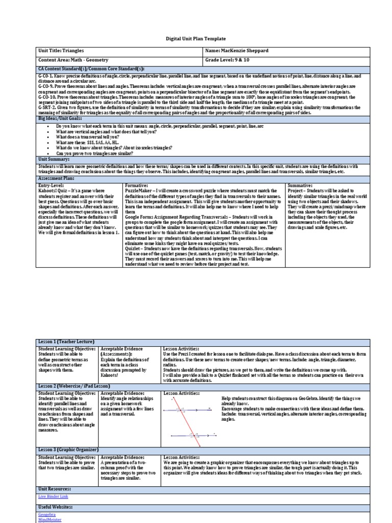 Digital Unit Plan Template Unit Title: Triangles Name: Mackenzie ...