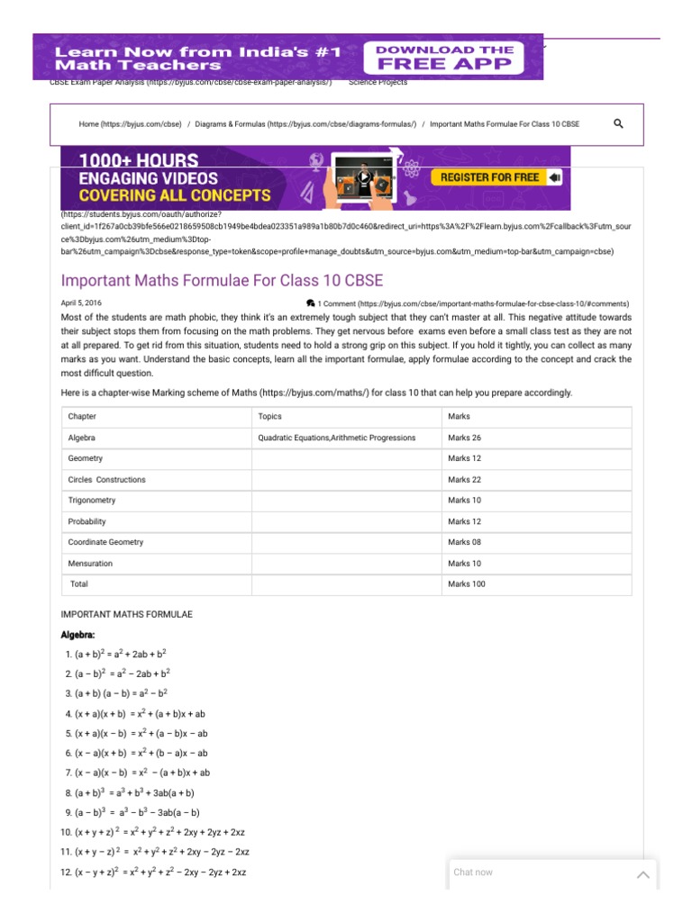 CBSE Class 10 Maths Formulae Algebra & Trigonometry Formulas @byjus ...